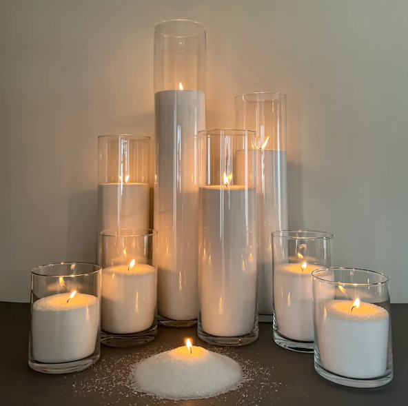 Sand Wax Candles with Glass Cylinders Assorted x10 – Adelaide Party Hire